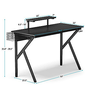 POWERSTONE Gaming Computer Desk - 52” Gaming Desk with Video Game Storage, Cup Holder, Monitor Shelf, Headphone Hook, K-Shaped Computer Desk Writing Workstation for Home Office