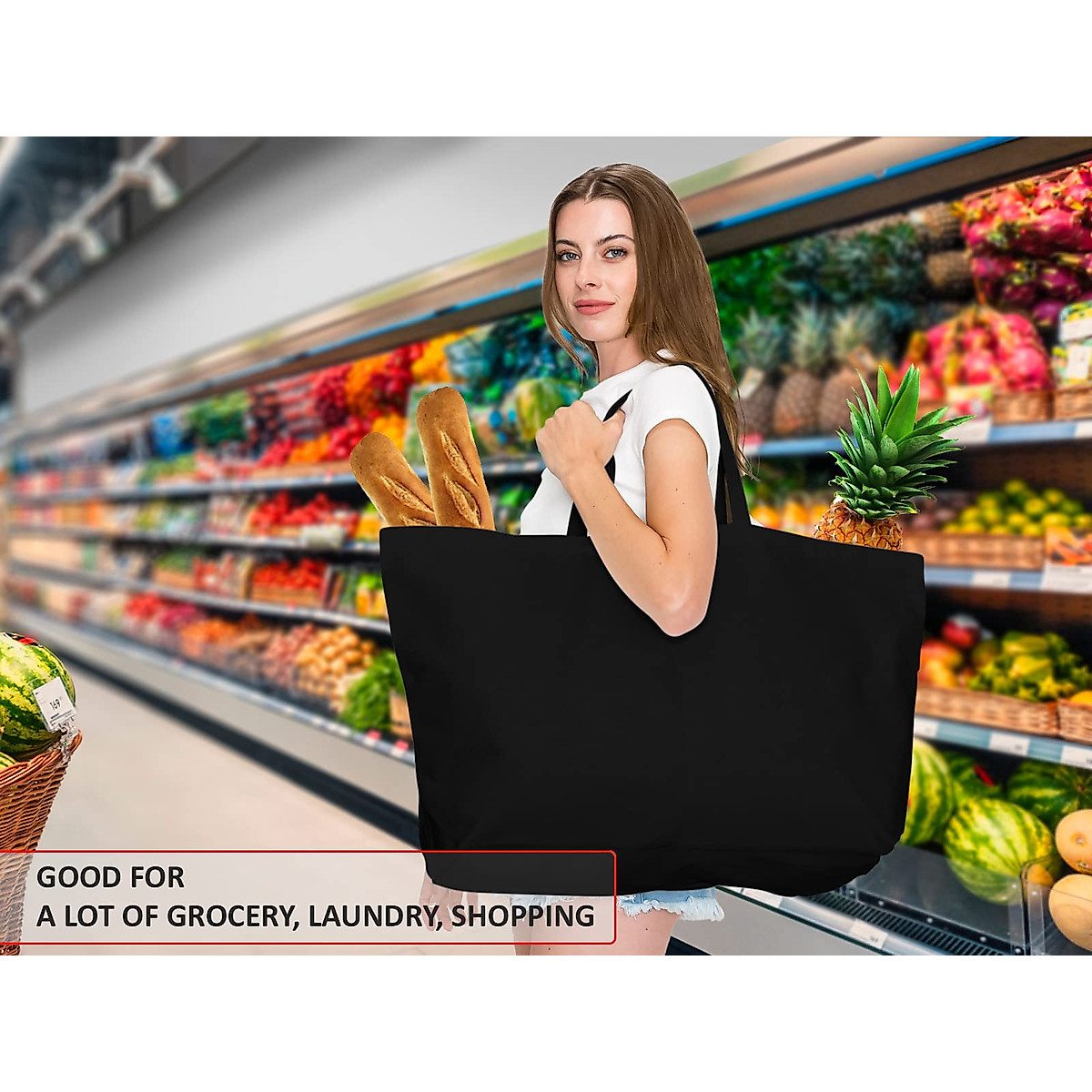 27" Large Canvas Tote Bag - Extra Big Largest Grocery Shopping Beach Reusable Totes Bags Vacation Plain Solid 27" X 16" X 8" (Black)