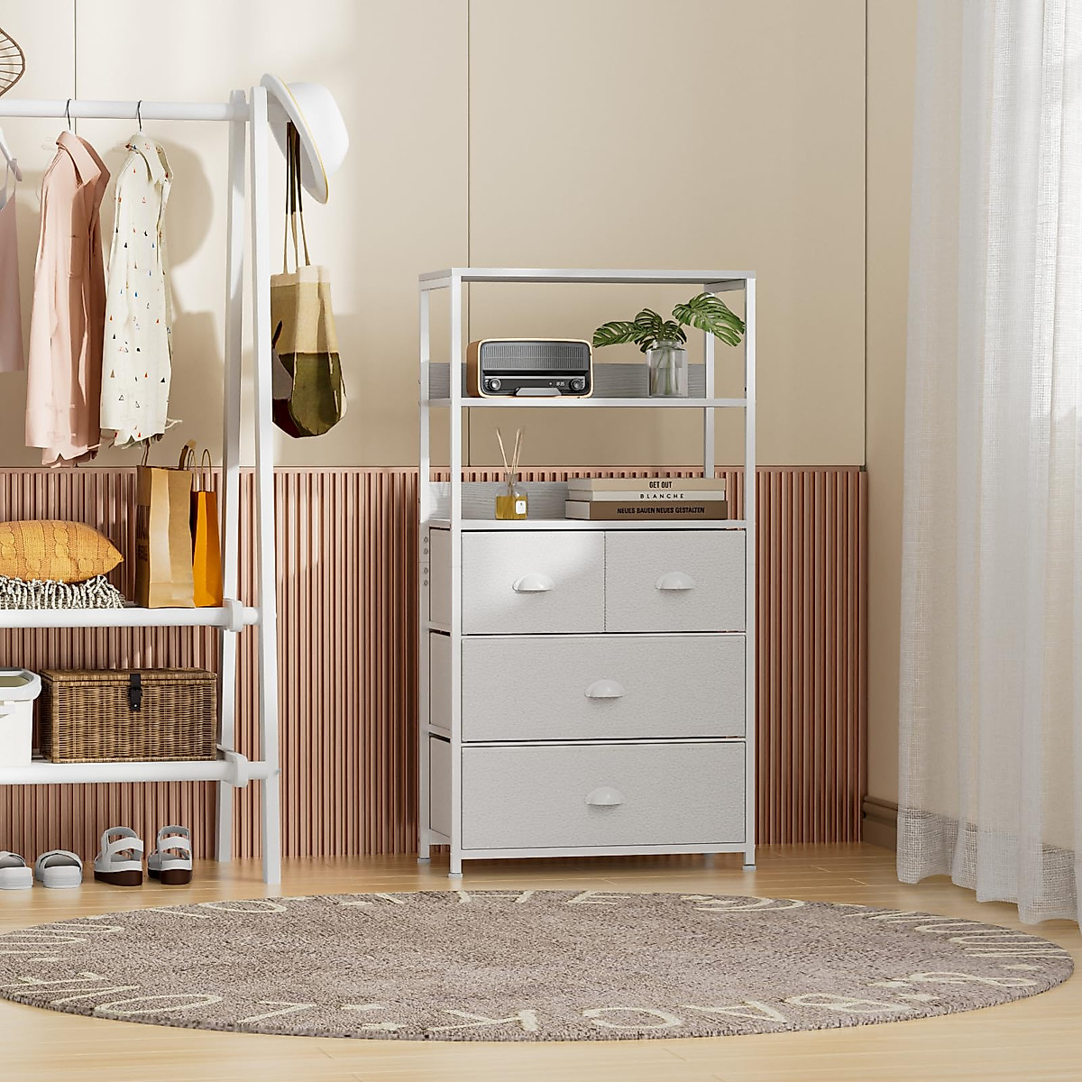 Furnulem White Dresser with 4 Fabric Bins, Tall Storage Tower with 3-Tier Shelf Vertical Standing Chest Organizer for Closet,Laundry,Bedroom,Living Room,Entryway (White)