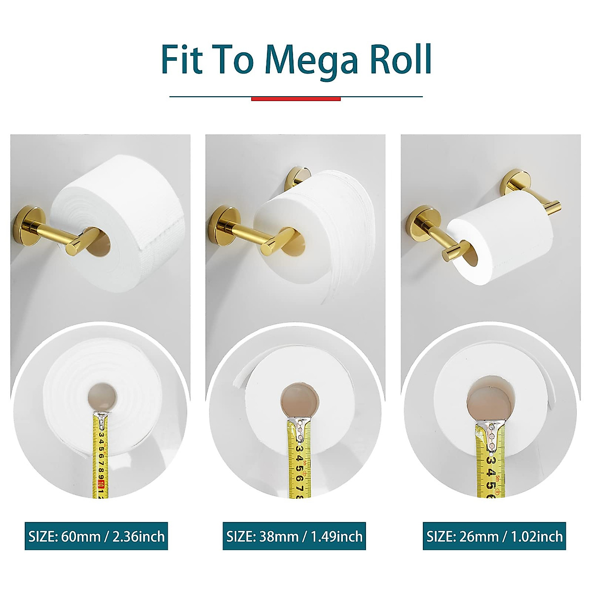 POKIM Gold Toilet Paper Holder - Metal Bathroom Flexible Pivoting Tissue Handle on Wall Mounted, SUS 304 Stainless Steel Adjustable TP Large Mega Roll Holder Classic Shiny Finish