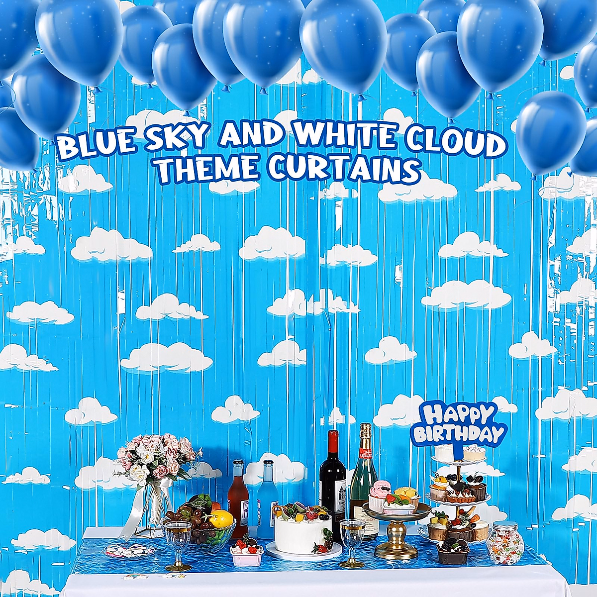 XunYee 3 Pack Blue Sky White Clouds Birthday Party Supplies, Clouds Theme Tinsel Foil Fringe Curtains Toy Party Supplies, Cartoon Story Backdrop for Baby Shower Birthday Party Decorations