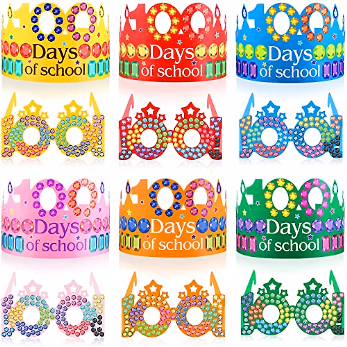 48 Pcs 100 Days of School Party Supplies 100th Day of School Crown Bulk Rhinestone Star Eyewear Glasses and Crowns 100 Days School Paper Party Hats and Eyeglasses for Kids School Classroom Decoration