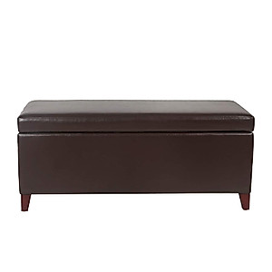 Adeco 42 Inch Storage Ottoman Bench for Livingroom Bedroom End of Bed, Upholstered Rectangular Faux Leather Storage Bench with Solid Wood Legs and Safety Hinge Hold Up to 350lbs (Lift up Brown)