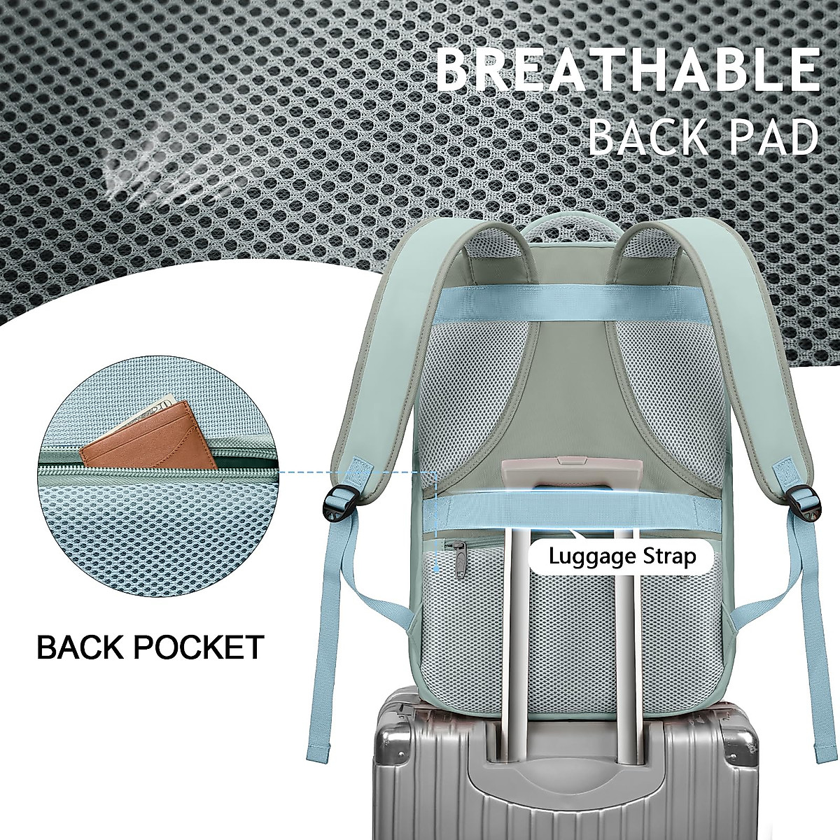 MATEIN Carry on Backpack for Women, 40L Large Travel Laptop Backpacks with USB Charge Port, Airline Approved Water Resistant Luggage College Weekender Overnight Bag Fits 17.3 Inch Notebook, Light Blue