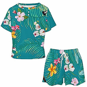 InterestPrint Tropical Floral Pattern with Dragonflies Women's Shorts Button Up pajama Shorts Suit Drawstring Shorts Set Lounge Sets