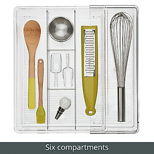 mDesign Adjustable, Expandable Plastic In-Drawer Utensil Organizer Tray Deep 5 Section Divided for Kitchen Organization; Holds Cutlery, Flatware, Silverware, Cooking Utensils, Ligne Collection, Clear