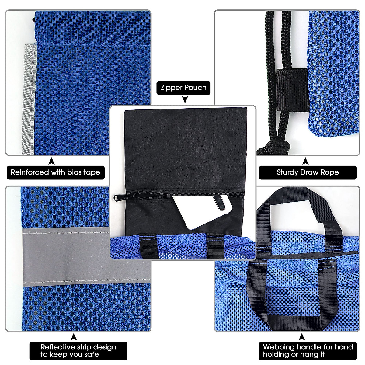 BeeGreen Blue Mesh Bag Drawstring Backpack with Zipper Pocket Swim Bag for Beach Swimming Equipment Equipment Workout Sports Excercise Gym Drawstring Bag for Adults