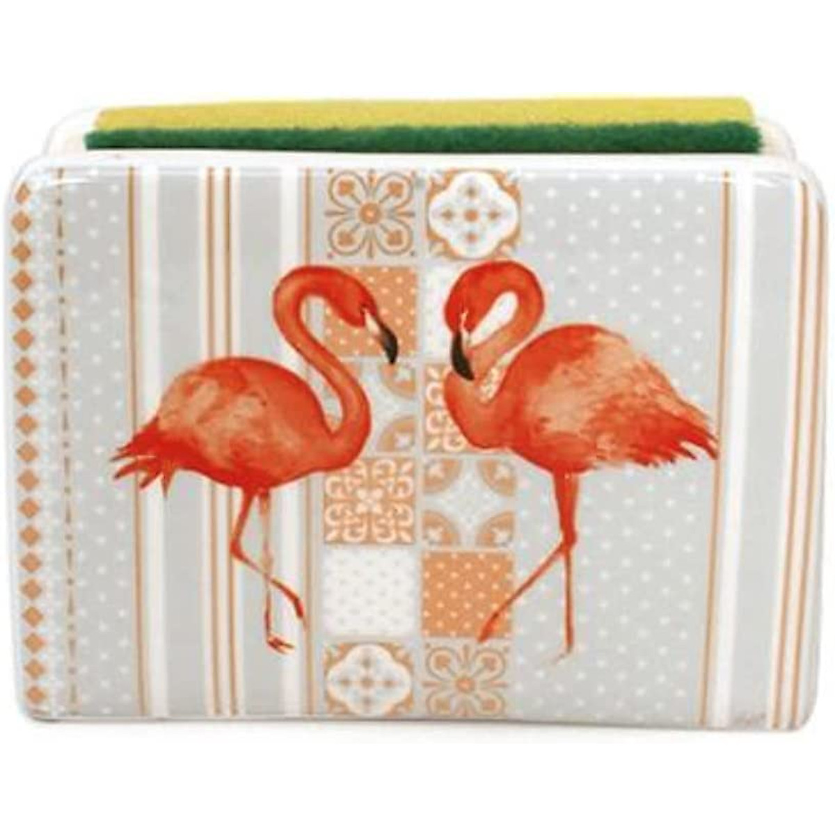 World-Accents Grey Ceramic Sponge holder with Pink Flamingos