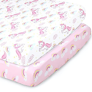 The Peanutshell Mini Crib Sheet Set for Baby Girls - 2 Pack Set for Mini Crib, Pack n Play, Playard - Pink Unicorn & Rainbow