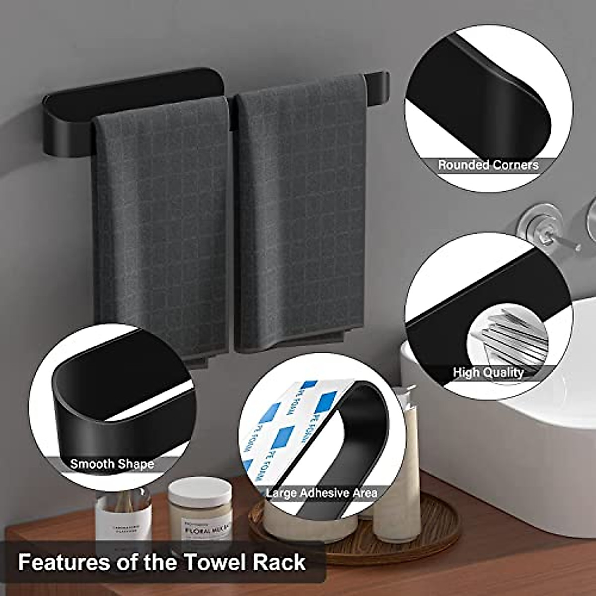 Oukimly Towel Rack Wall Mounted SUS304 Stainless Steel Bathroom Towel Holder No Drilling Hand Towel Ring, Roll Towel Racks Waterproof Towel Organizer for Towels Washcloths (15Inch, Matte Black)