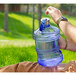 New Wave Enviro Iconic 1 Gallon BPA Free Water Bottle (Round), Built in Handle and Stainless Steel Cap, 1 Gallon Capacity Bottle, Faint Blue
