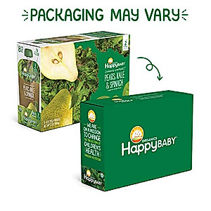 Happy Baby Organics Stage 2 Baby Food Pouches, Gluten Free, Vegan & Healthy Snack, Clearly Crafted Fruit & Veggie Puree, Pears, Kale & Spinach, 4 Ounces (Pack of 16)