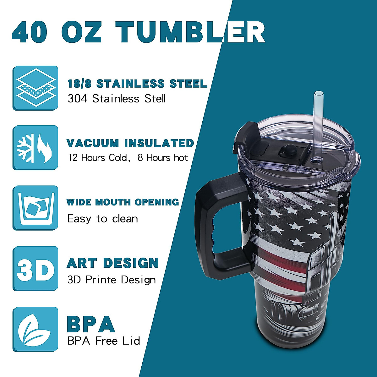 Gome 40oz Trucker Tumbler – American Flag Gifts for Dad, Patriotic Insulated Stainless Steel Cup for Truck Drivers, Father’s Day, Birthday & 4th of July Gift for Uncle