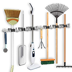 IMILLET 2 Pack Broom and Mop Holder Wall Mounted, Stainless Steel Broom Holder Mop Holder Self Adhesive Heavy Duty Hooks Storage Organizer for Home Laundry Room Garden Garage Closet Kitchen