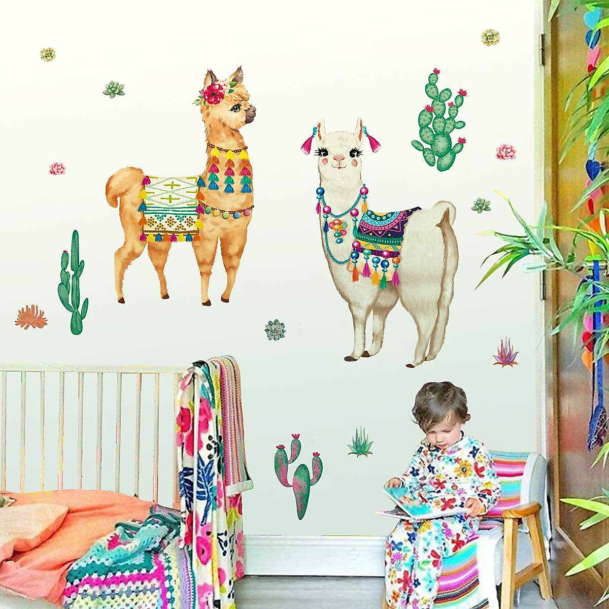 decalmile Large Llama Wall Decals Tropical Cactus Plants Wall Stickers Baby Nursery Kids Bedroom Living Room Wall Decor (H: 24 Inches)