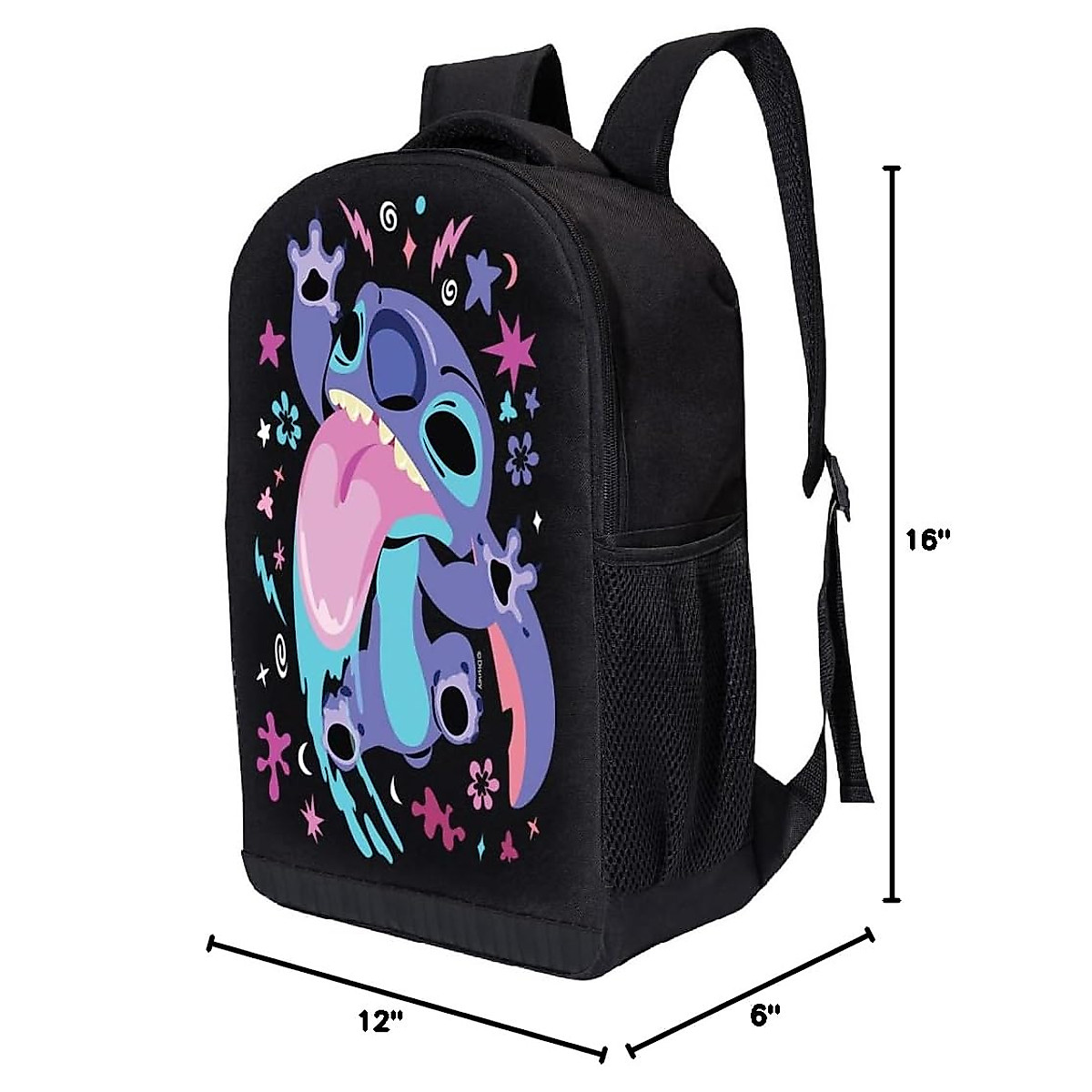 Disney Lilo and Stich Backpack - Fast Forward Lilo & Stitch Knapsack 16 Inch Air Mesh Padded Bag (Black)