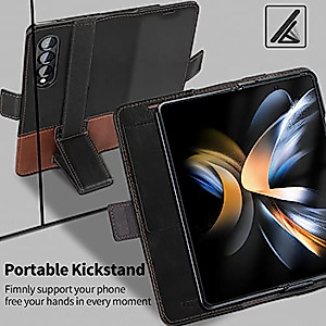 KEZiHOME Samsung Galaxy Z Fold 4 Case, Genuine Leather Galaxy Z Fold 4 Wallet Case [RFID Blocking] with Card Holder Flip Kickstand Magnetic Case Compatible with Samsung Z Fold 4 5G (Black/Brown)