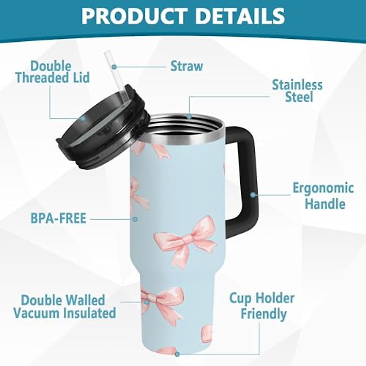 Flradish 30oz Tumbler with Handle, Pink Bows Stainless Steel Tumbler with Lid and Straws Double Wall Vacuum Insulated Leakproof Coffee Travel Mug