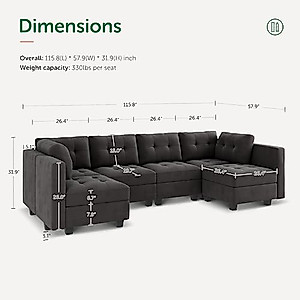 HONBAY Modular Sectional Sofa Velvet U Shaped Couch with Double Chaises 6 Seater Sectional Sofa with Storage, Grey