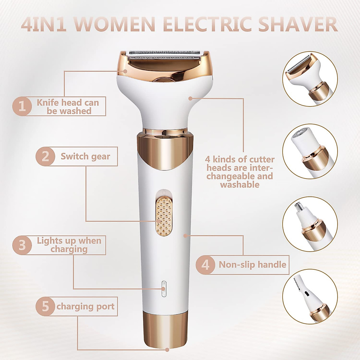 Electric Razor for Women Bikini Trimmer, MKIOVH Women's Cordless Portable 4 in 1 Painless Shaver, ​for face Legs Brows Nose Detachable Head USB Rechargeable Hair Trimmer (White)