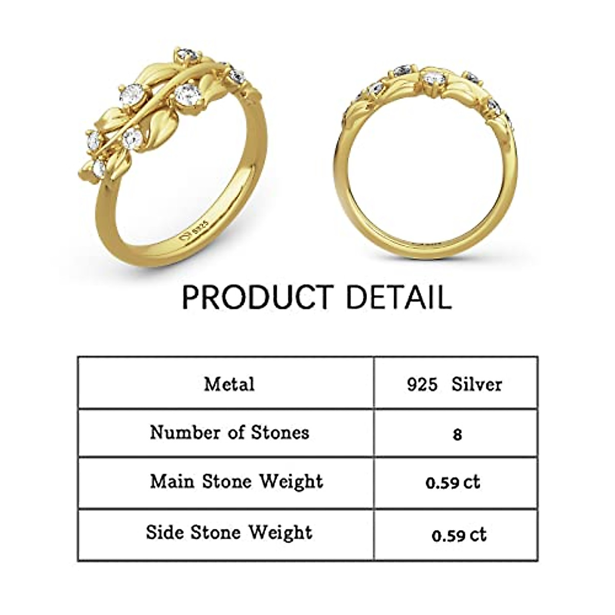 Jeulia Olive Branch Band Ring Sterling Silver Round Cut Leaf Promise Ring for Women Gold Tone Diamond Nature Wedding Band Rings for Anniversary Engagement with Jewelry Gift Box (Olive Leaf, 8.5)