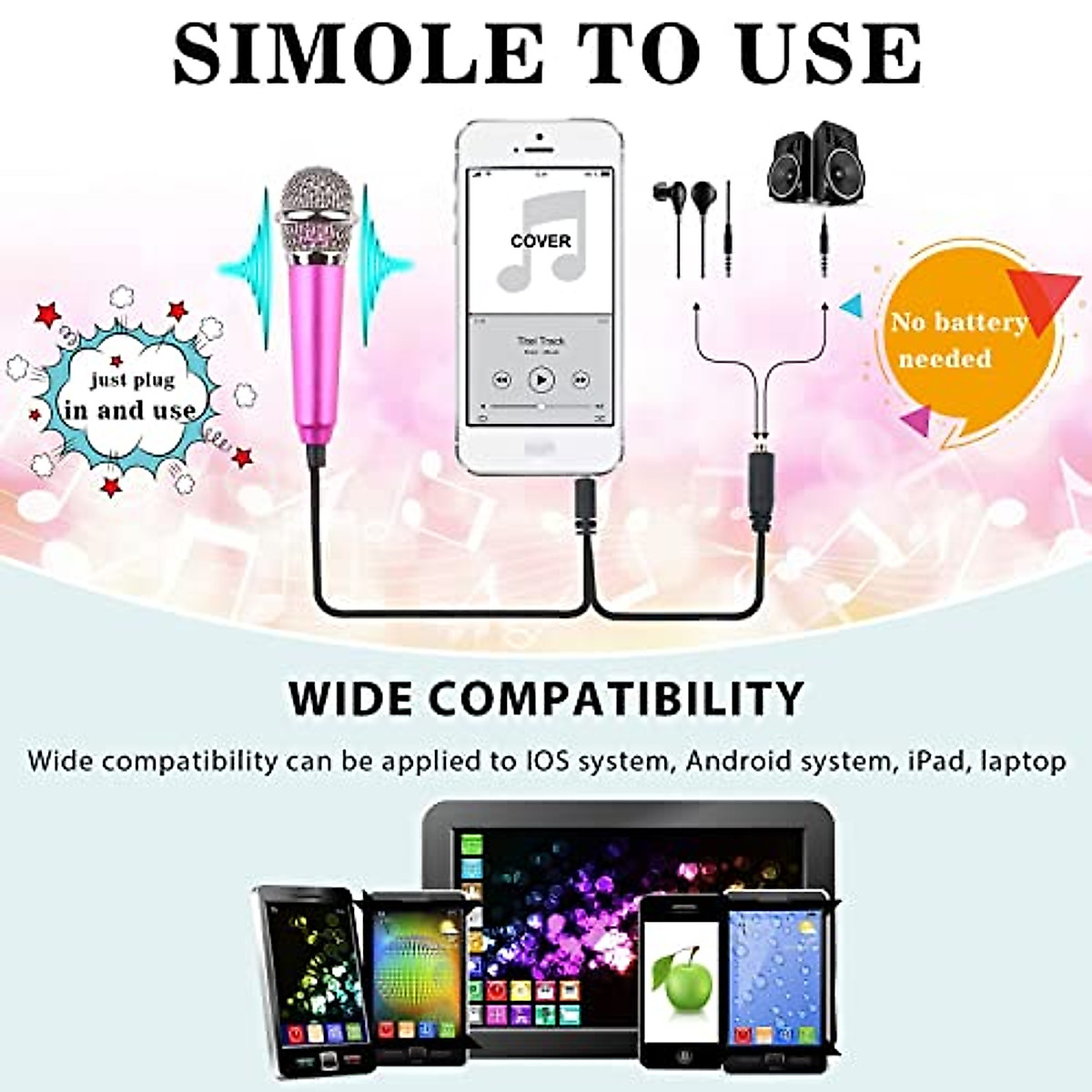 5-Piece Mini Microphone Tiny Microphone Mini Mic for Recording Voice and Singing on iPhone, Android Phones or Tablet, Metal, with 113 cm Cord, 3.5 mm Input (Rose red, Rose Gold, Silver, Blue, Black)