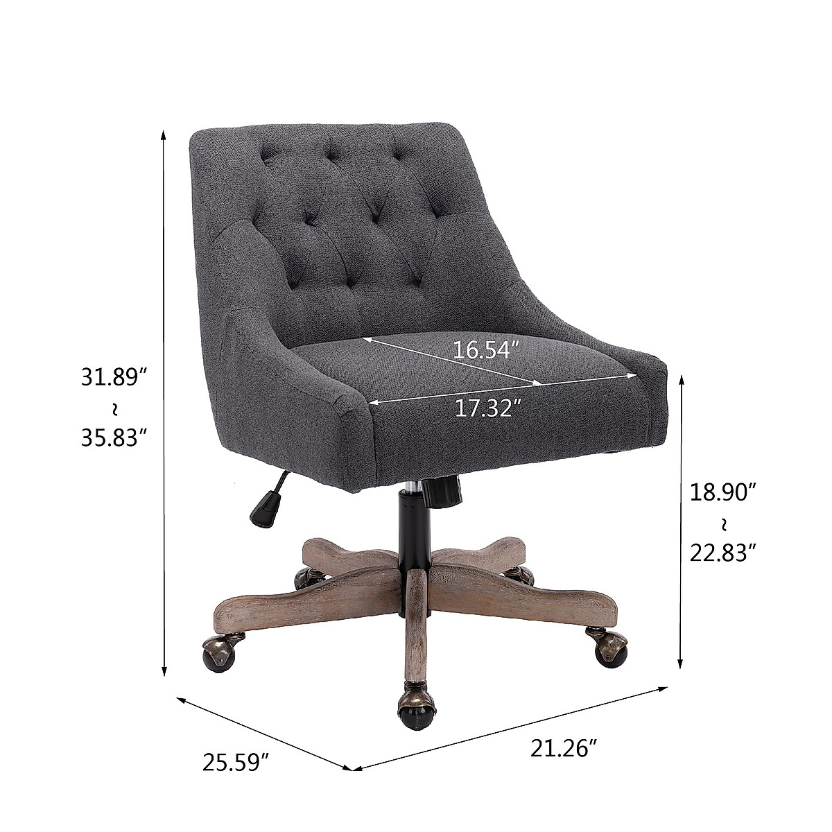 HomSof Modern Mid-Back Desk, Adjustable Height Swivel Home Office, Accent Chair with Wheels and Wood Base, Linen, Charcoal Grey