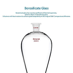 StonyLab Borosilicate Glass 2000 ml Heavy Wall Conical Separatory Funnel with 24/40 Joints and PTFE Stopcock, 2 L (2 Liter)