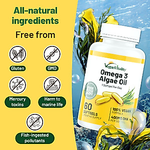 Vegan Vitality Vegan Omega 3 Supplement - 60 Plant Based Algae Oil Soft Gels Essential Fatty Acids with Vegan DHA for Joint, Heart & Immune Support Without EPA