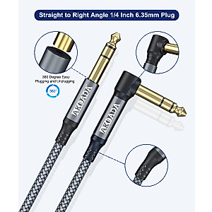 AkoaDa 1/4 Inch TRS Instrument Cable (10ft 2Pack), Right Angle 6.35mm Male Jack Stereo Audio Interconnect Cord,Compatible for Bass,Keyboard,Mixer,Amplifier,Amp,Electric Guitar,Speaker