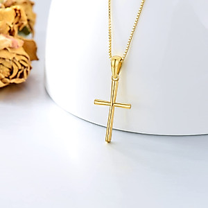 SISGEM 14k Gold Cross Pendant and Box Chain Necklace for Women, Baptism Jewelry Confirmation Gifts for Her, 18 inch