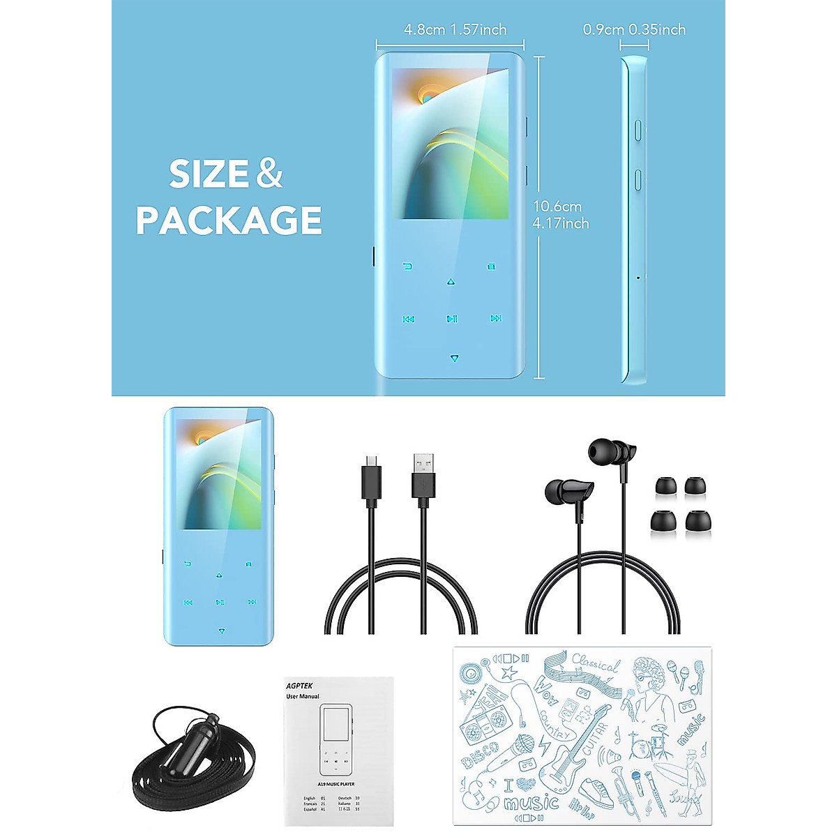 MP3 Player with Bluetooth 5.3, AGPTEK A19X 2.4" Curved Screen Portable Music Player with Speaker Lossless Sound with FM Radio, Voice Recorder, Built in 32GB, Supports up to 128GB, Blue