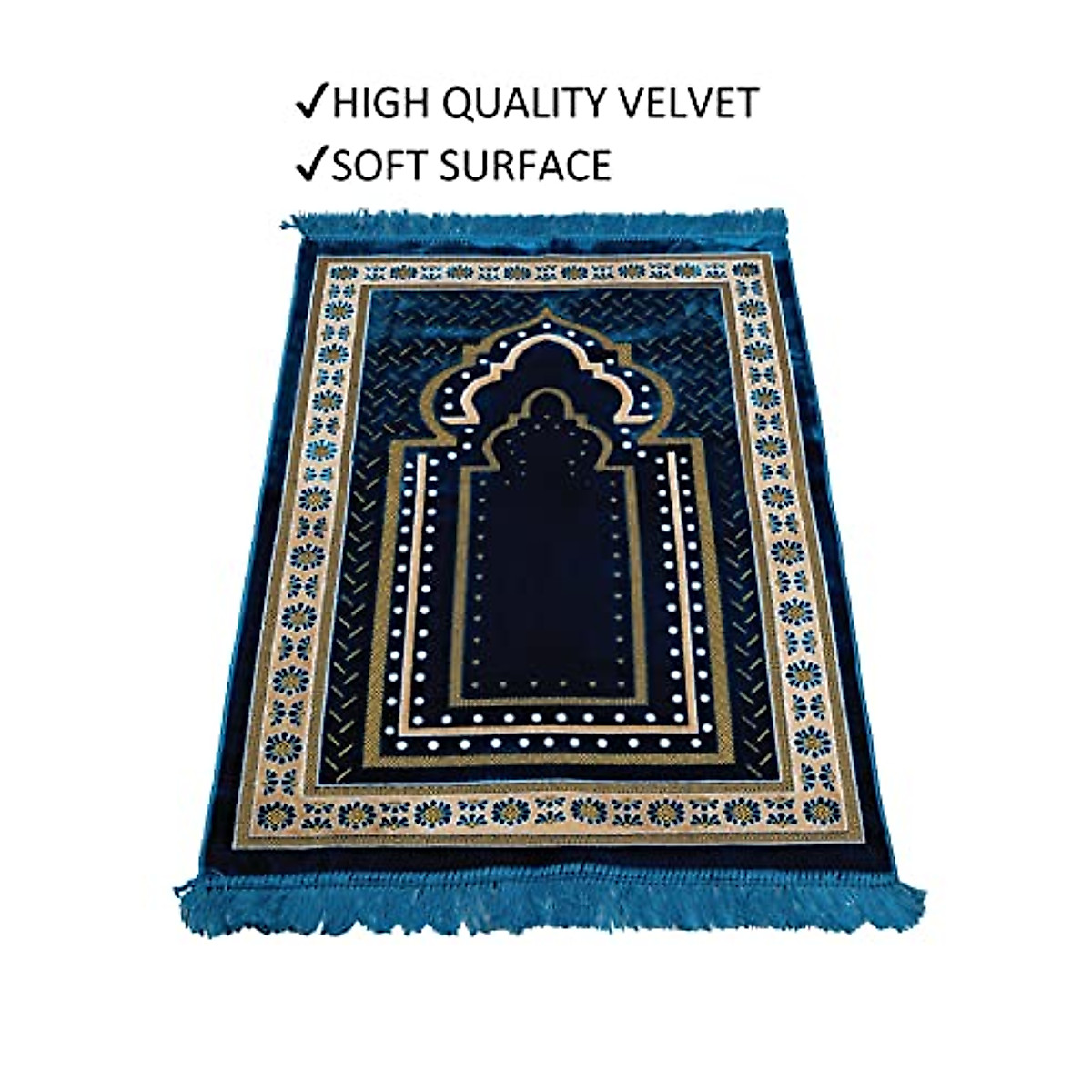 TB Muslim Prayer Rug Thick, Islamic, Soft Velvet Mat Ramadan Gift, with Prayer Bead Unique Decoration Gilded Gold-Like Embroidered for Women Man Kids Meditation Turkish African (Blue)