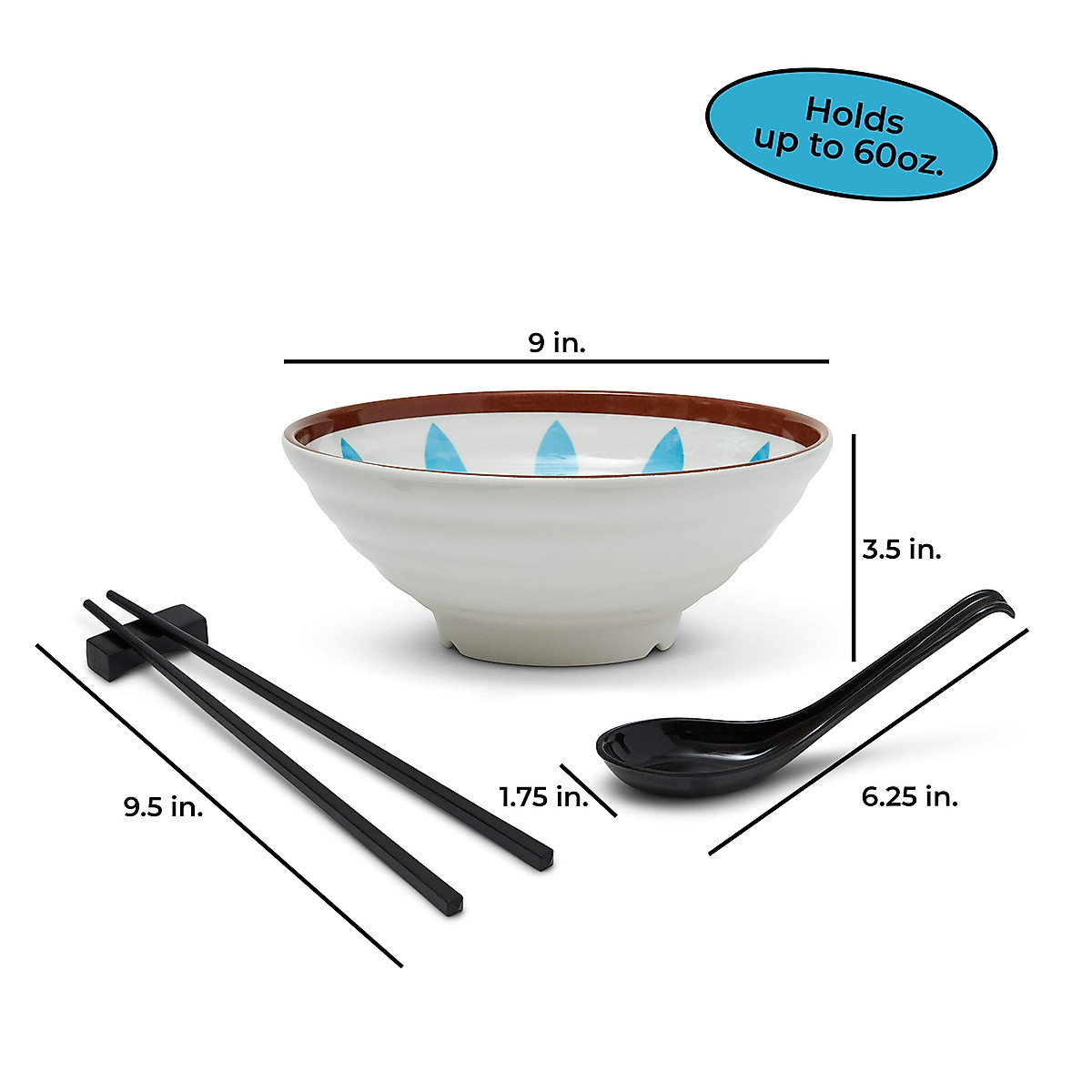 Nytana Japanese Style Large Ramen Bowl Set 60 Oz (10 Piece), 9 and Chopsticks with Spoons and Wood Stand, Ramen Noodle Bowls, Melamine Japanese Miso, Pho, Asian Cuisine, White, Blue, Brown