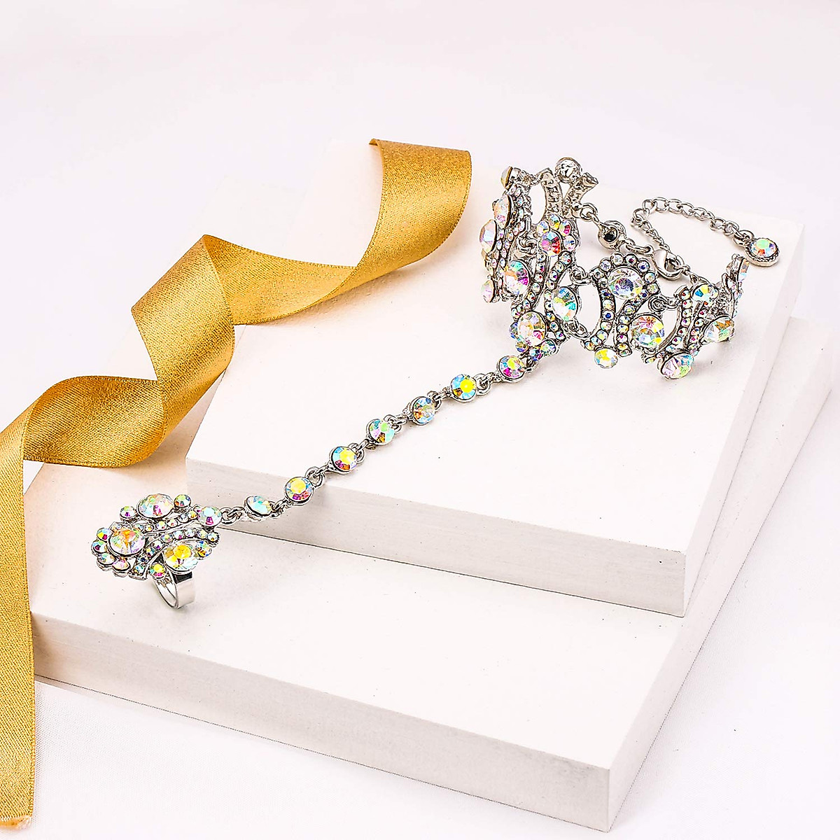 EVER FAITH 1920s Style Inspired Bracelet Adjustable Ring Set Iridescent Clear AB Crystal