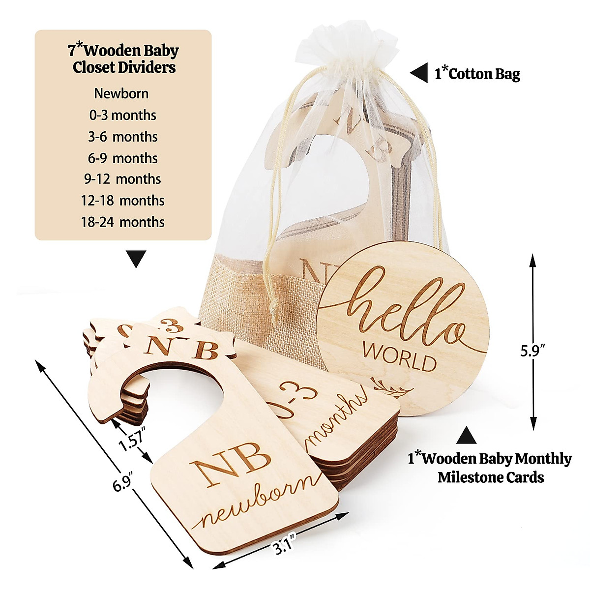 HOUÍSM Baby Closet Dividers Nursery Clothes Organizer, Baby Wooden Bundles with Birth Sign 5.9" and Keepsake Bag for Newborn to 24 Months, Timeless Engraved Design for Baby Girl Boy Room Decor