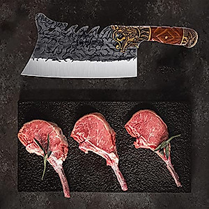 ROCOCO Cleaver Knife Meat Cutting Heavy Duty 8.6" Large Hand Forged Chinese Bone Vegetable Dragon Butcher Chopper Viking Cutter for Kitchen Outdoor with Sheath Father's Mother's Day Birthday Gift Men