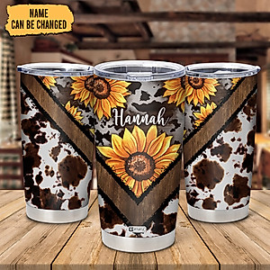 Hyturtle Personalized Sunflower Milk Cow Print 20oz Tumbler With Lid Valentines Day Birthday Cups Gifts For Her Girl Mothers - Rustic Cowhide Cow Print Themed Custom Name 20oz Stainless Steel Tumbler