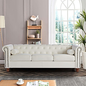 Halofe Classic Chesterfield Sofa, 80.31" Modern Velvet 3 Seater Sofa Couch with 2 Pillows, Tufted Back Chesterfield Settee Sofas with Rolled Arms and Nailhead Trim for Living Room, Office (White)