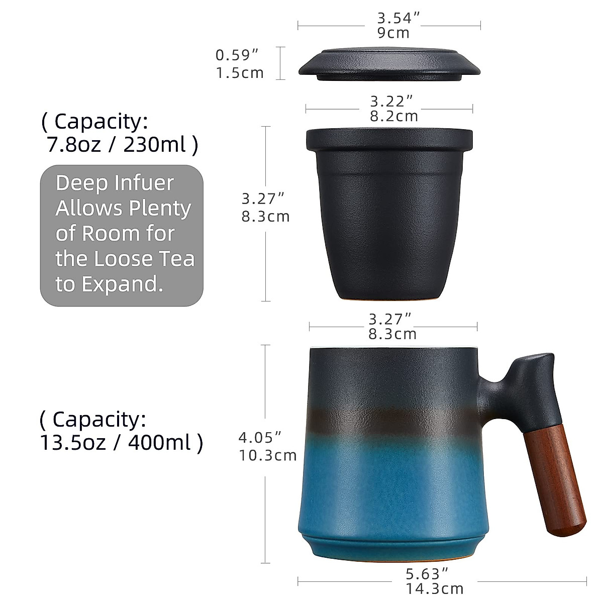 ZENS Tea Cup with Infuser and Lid, 13.5 Ounces Gradient Embossed Loose Tea Mug, Rosewood Handle Ceramic Tea Steeping Mug for Gifts, Black & White*1 and Black&Blue*1