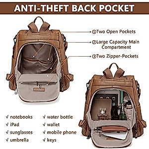 Women Backpack Purse PU Leather Anti-theft Casual Shoulder Bag Fashion Ladies Satchel Bag Large Capacity Travel Bag Waterproof Multipurpose Crossbody Handbag, Brown