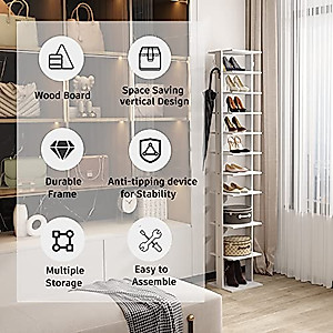 HOMEFORT 10-Tier Vertical Shoe Rack, Corner Shoe Tower, Slim Shoe Organizer with Two Hanging Hooks, Wooden Shoe Storage Stand for Entryway, Hallway, Closet (White)