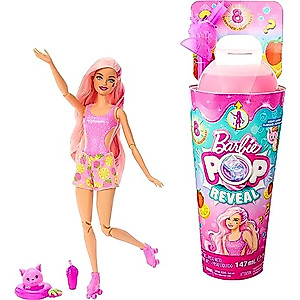 Barbie Pop Reveal Doll & Accessories, Strawberry Lemonade Scent with Pink Hair, 8 Surprises Include Slime & Squishy Puppy