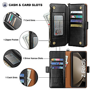 Antsturdy for Samsung Galaxy Z Fold 5 case Wallet Women with 【S Pen Holder】,Galaxy Z Fold 5 Phone case with Card Holder Strap PU Leather RFID Blocking Flip Folio Cover Credit Slots Men,Black