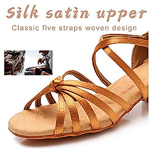 HIPPOSEUS Girls Latin Dance Shoes Silk Satin Tan Low Heel 1.75" heel Women Ballroom Salsa Dance Practice Performance Dancing Shoes,9 M US Toddler