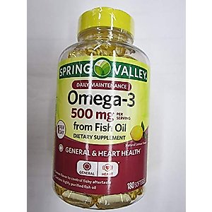Spring Valley Omega-3 500 mg from Fish Oil Heart Health, Lemon, 180 Softgels