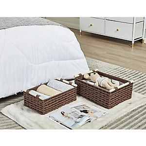 DECOMOMO Wicker Storage Basket, Toilet Paper Basket for Organizing Storage, Paper Rope Baskets with Liner and Wooden Handles for Shelves Cosmetics Books (Brown – 3 Pack)