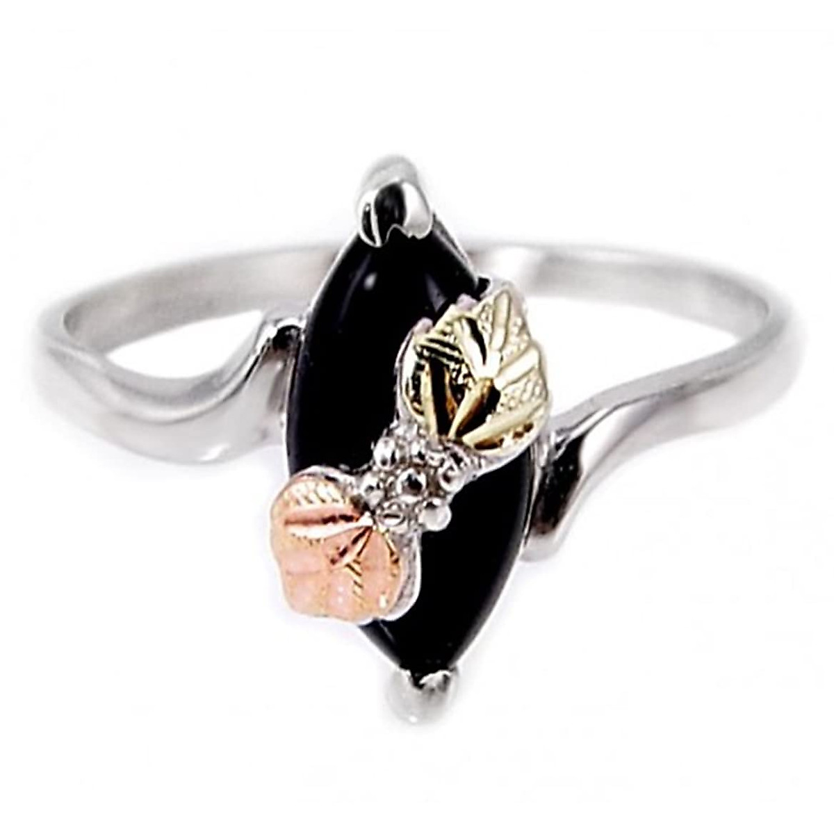 Slim-Profile Marquise Onyx Bypass Ring, Sterling Silver, 12k Green and Rose Gold Black Hills Gold Motif, Size 9.5