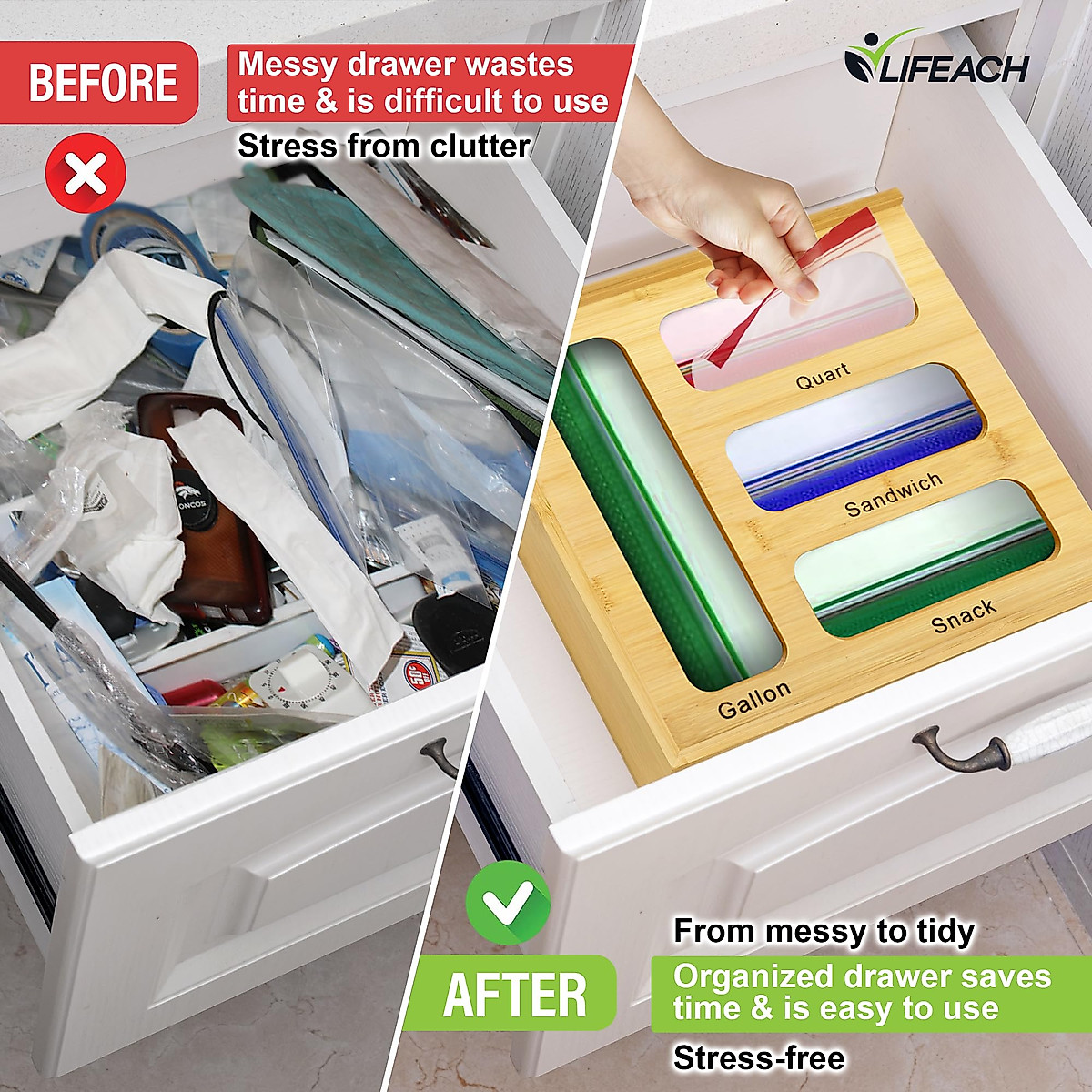 Bamboo ziplock bag storage organizer for kitchen drawer, plastic bag holder, kitchen drawer organizer, drawer oganizer, compatible with veriety of bags as snack, sandwich, gallon,quart size bags