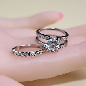 MABELLA 2.7 Carats Round Cut White Cubic Zirconia 925 Sterling Silver Alternative Engagement Wedding Ring Set Size 8